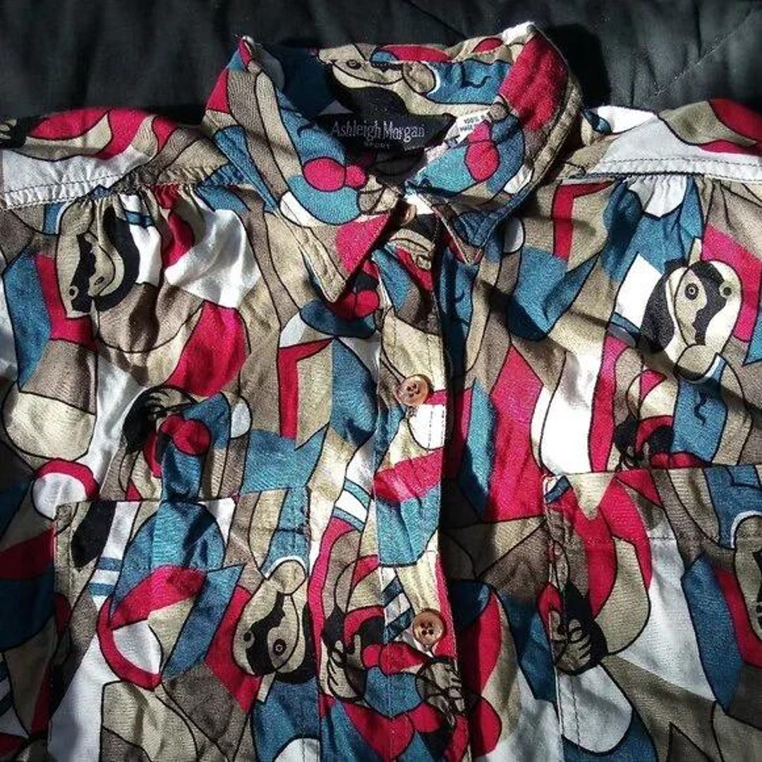 Vintage Ashleigh Morgan Cubist Abstract Geometric Button Shirt Blouse ...
