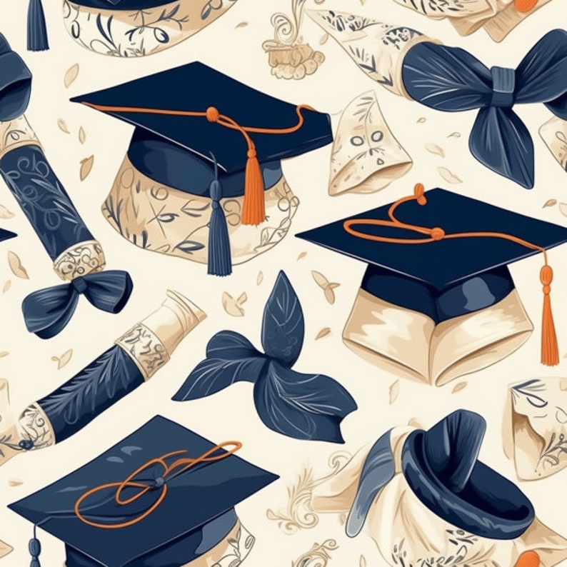 Seamless Black and Orange Graduation Cap Pattern, Png, Jpeg, Sublimate ...