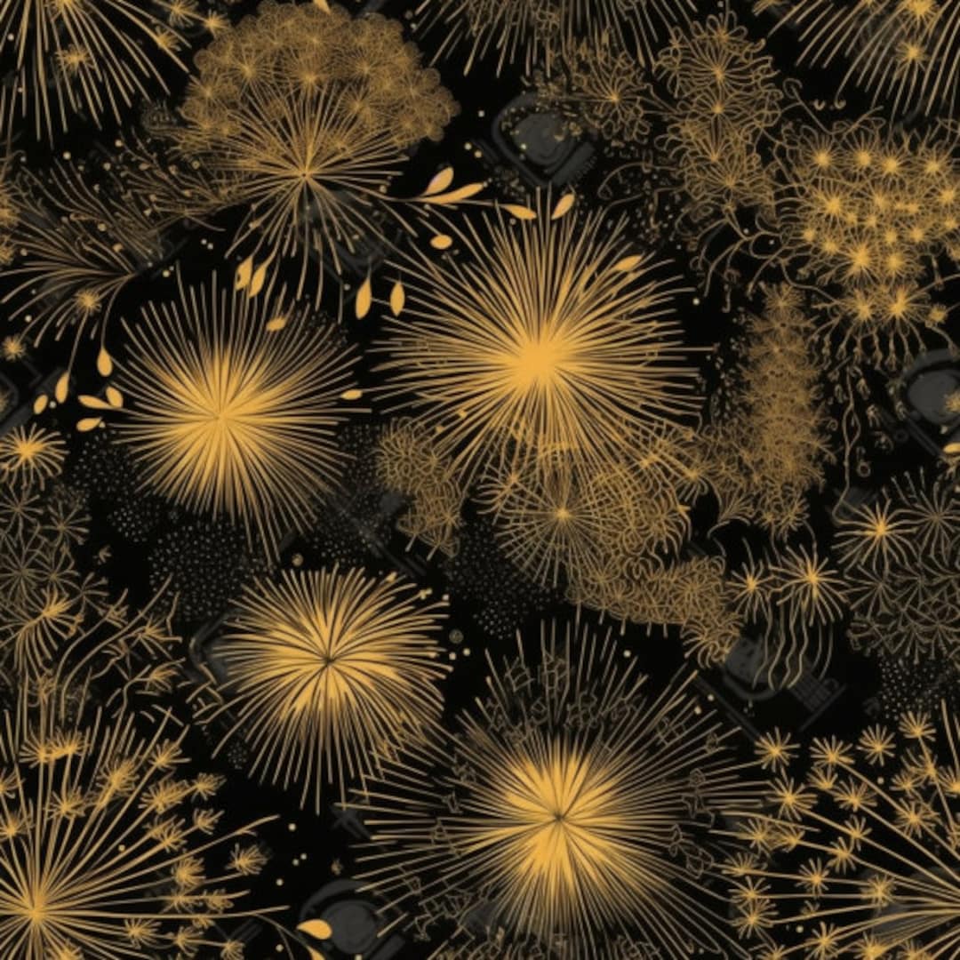 Seamless New Year Fireworks Gold and Black Pattern, Png, Sublimate ...