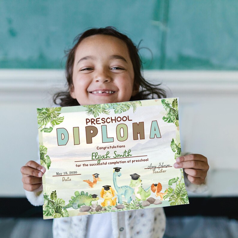 Dinosaur Preschool Diploma Certificate | Editable Canva Graduation ...