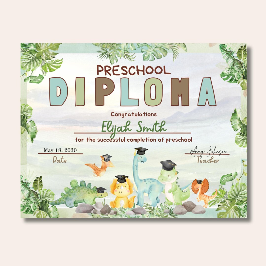 Dinosaur Preschool Diploma Certificate | Editable Canva Graduation ...