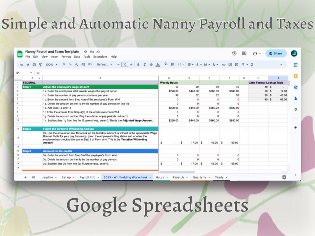 Nanny Payroll and Tax Spreadsheet | Google Sheets Template - Etsy
