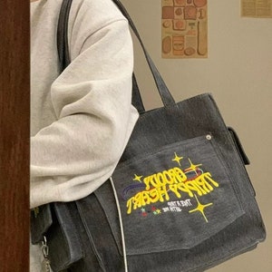 Washed Canvas Bag - Embroidered Letters Portable- Retro Vintage Tote ...