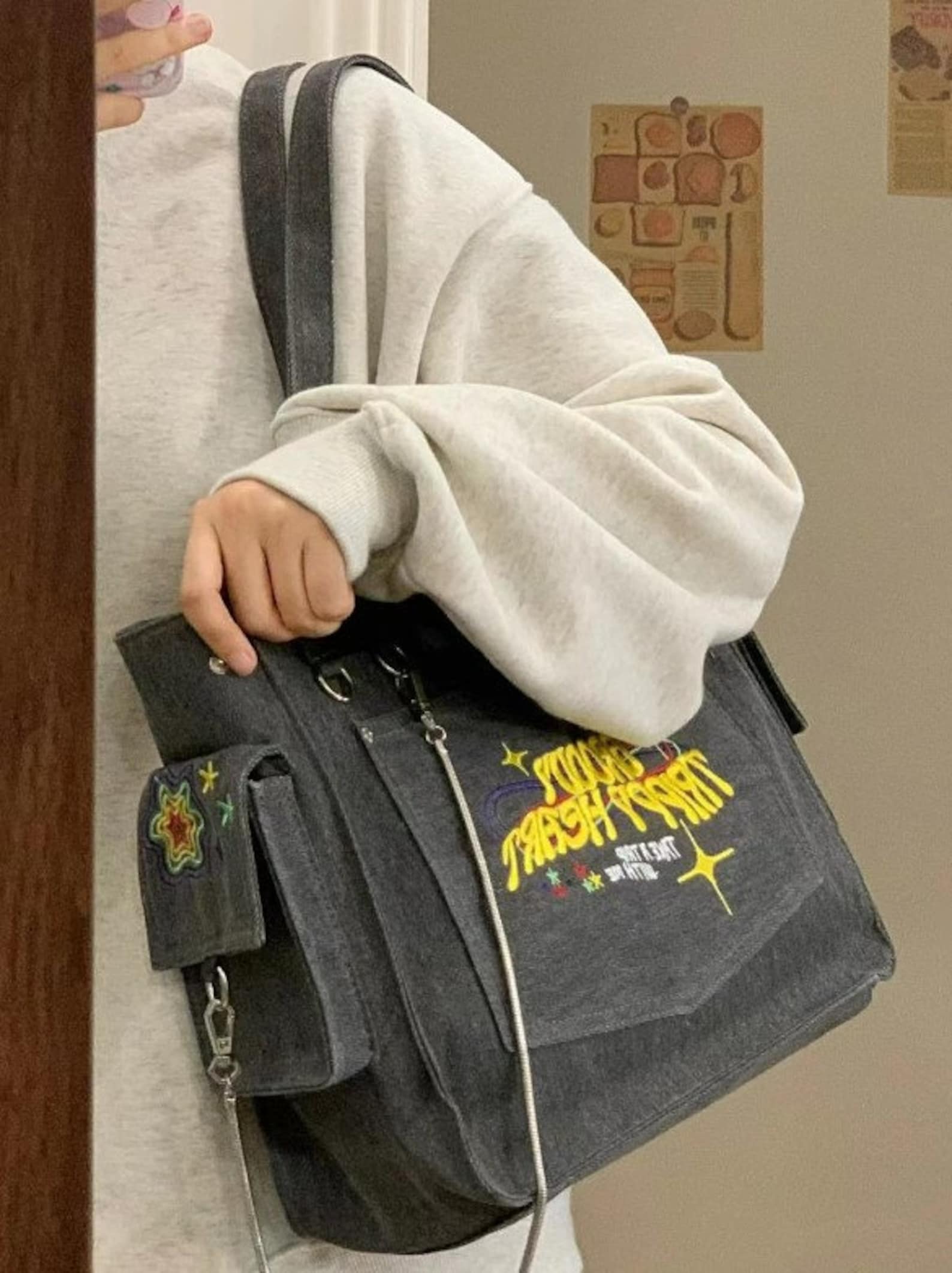 Washed Canvas Bag - Embroidered Letters Portable- Retro Vintage Tote ...