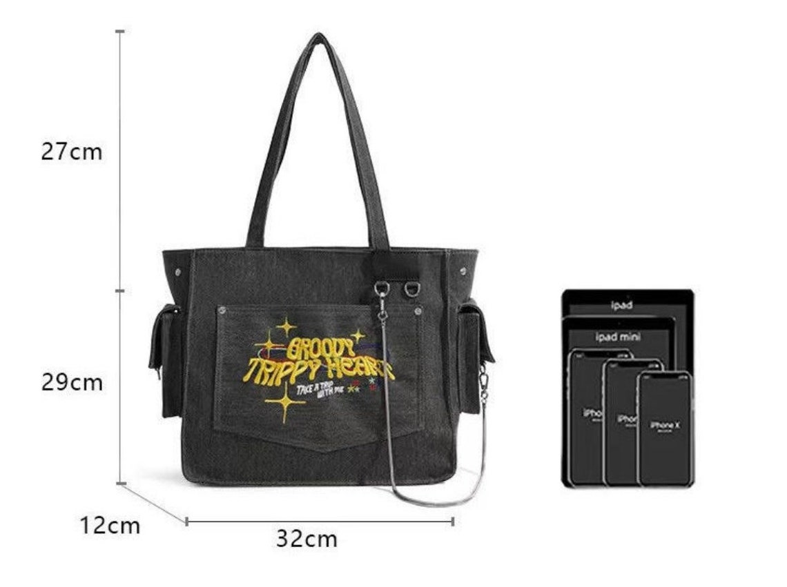 Washed Canvas Bag - Embroidered Letters Portable- Retro Vintage Tote ...