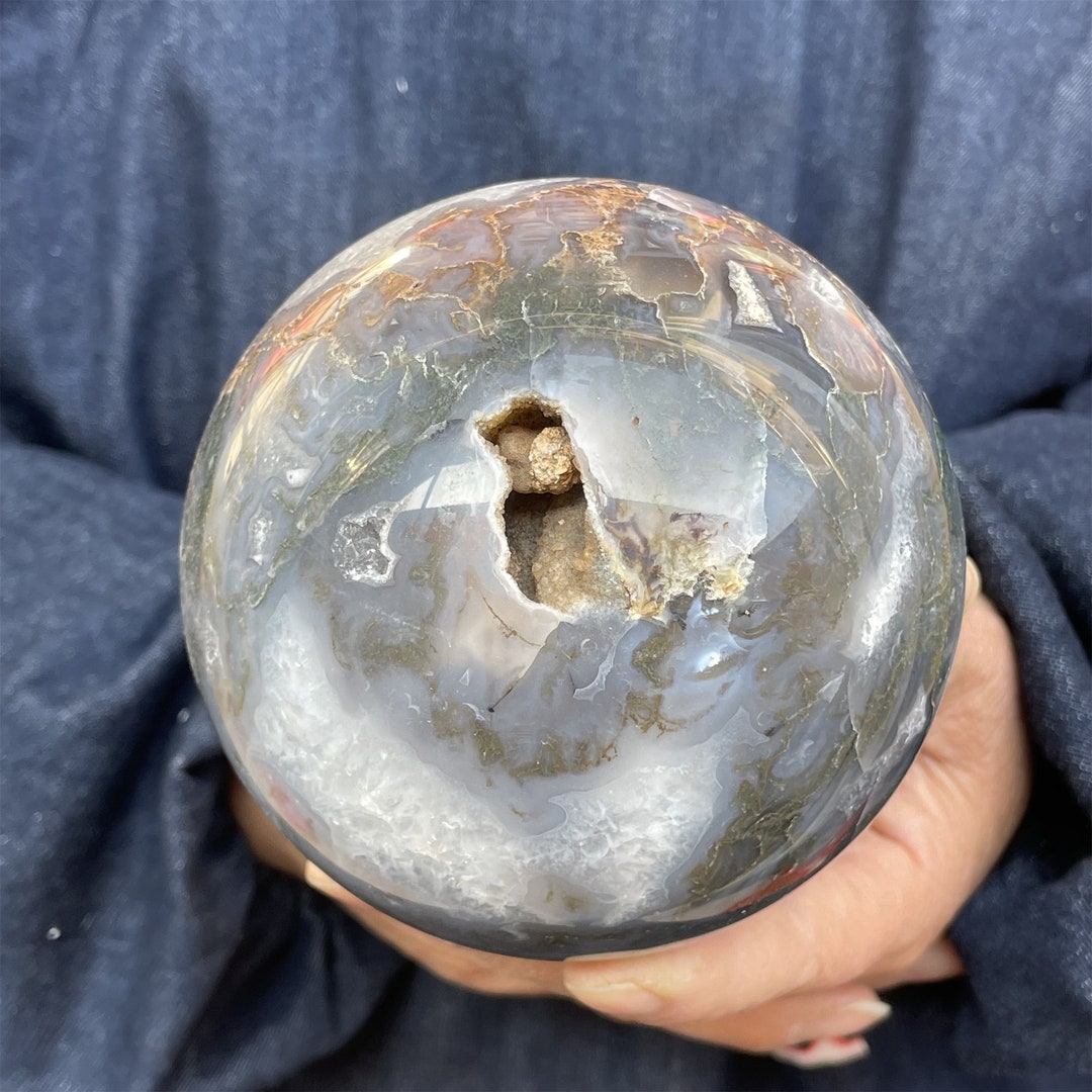 Natural Geode Aquatic Plant Water Grass Moss Agate Balls Crystal Sphere ...