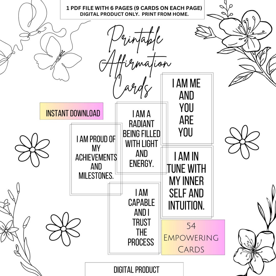 Printable 54 Positive Affirmation Cards Simple, Mental Health, Wellness ...