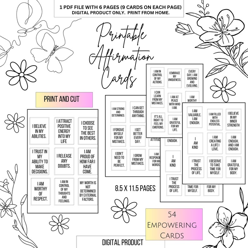 Printable 54 Positive Affirmation Cards Simple, Mental Health, Wellness ...