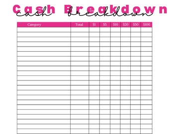 Cash Breakdown Sheet (printable) - Etsy
