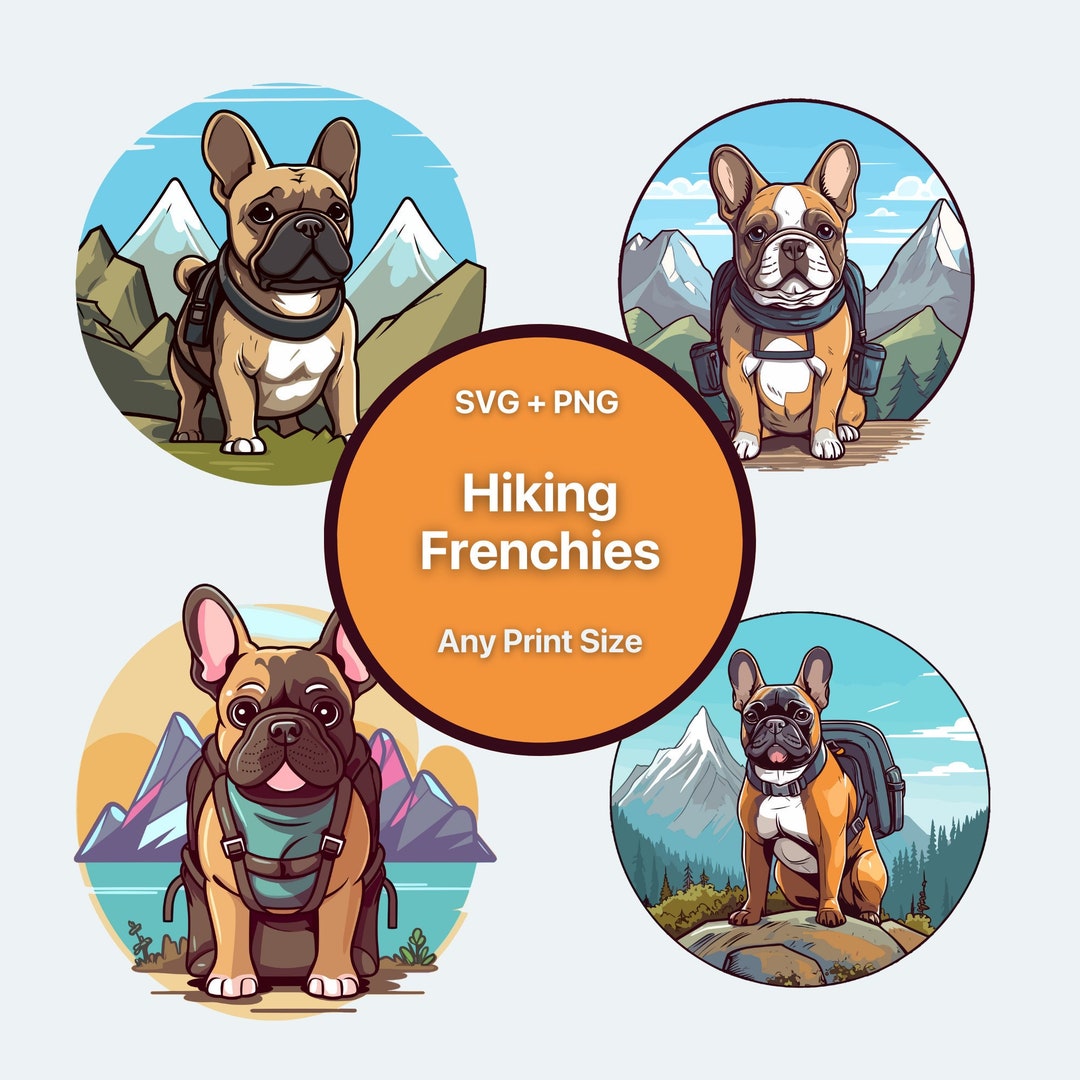 4 Pack French Bulldog Hiking Clipart, SVG & PNG, Illustrated Outdoor ...