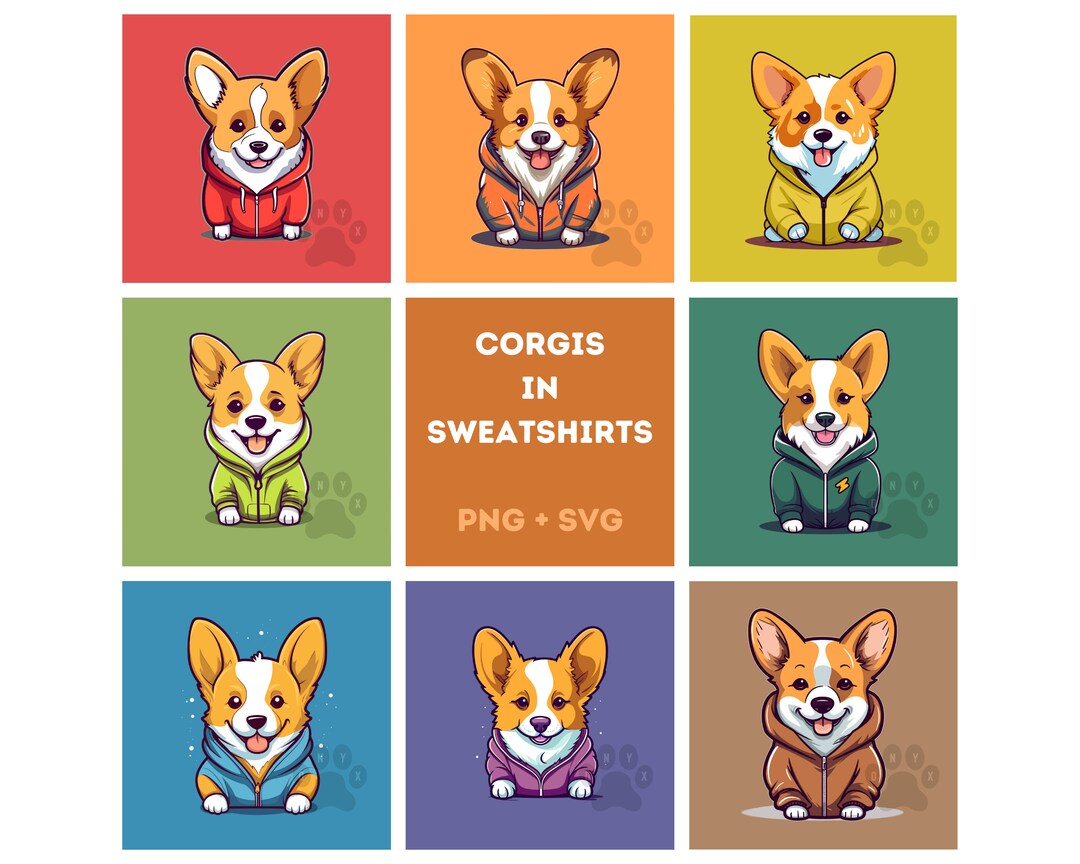 10 Pack - Corgis in Sweatshirt Clipart, SVG + PNG, Cartoon Style Bundle ...