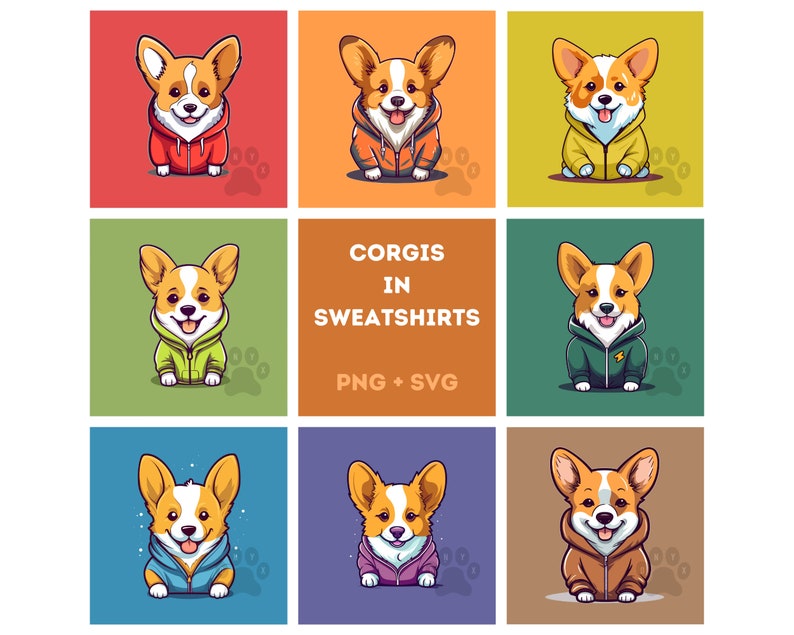 10 Pack - Corgis in Sweatshirt Clipart, SVG + PNG, Cartoon Style Bundle ...