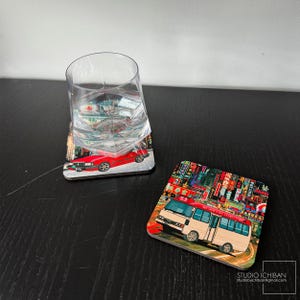 Illustrated Classic Hong Kong Mini Bus & Red Taxi Coaster- Hardboard ...