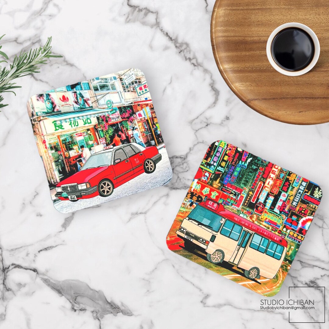 Illustrated Classic Hong Kong Mini Bus & Red Taxi Coaster- Hardboard ...