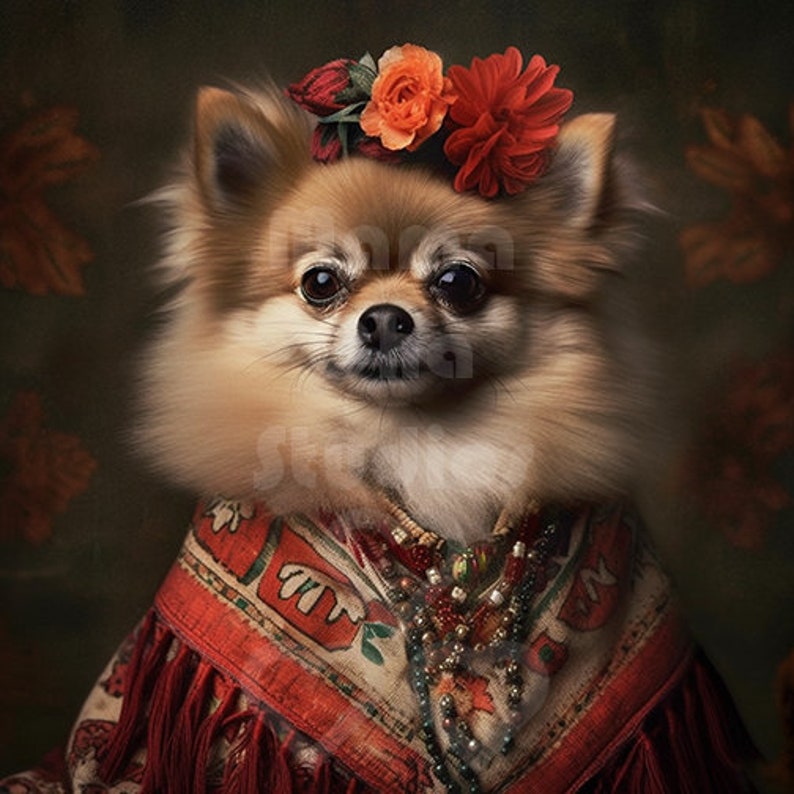Pom-mazing Pomeranian Portrait Inspired by Frida Kahlo Digital Art ...