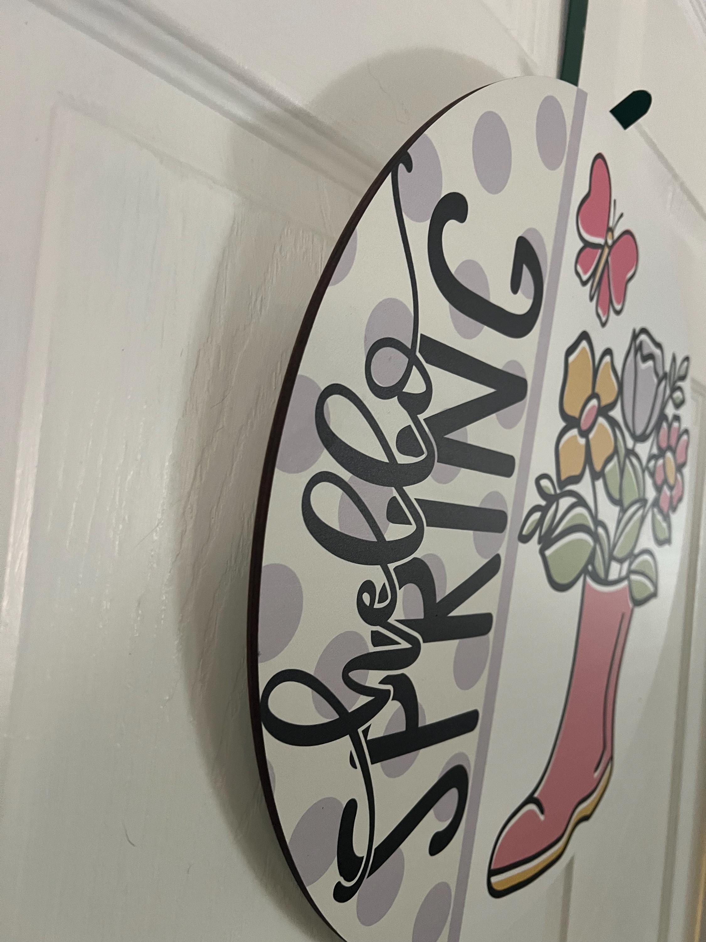 Hello Spring Door Hanger - Floral Boot and Butterfly Wooden Sign ...