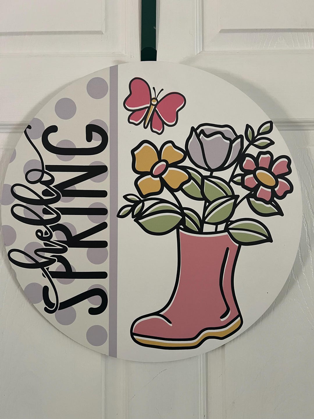 Hello Spring Door Hanger - Floral Boot and Butterfly Wooden Sign ...