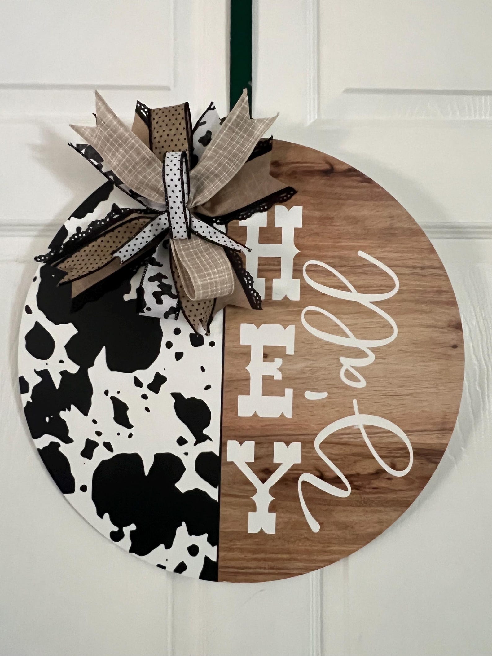 Rustic Cow Print Welcome Wreath - Farmhouse Round Door Sign With "hey Y ...