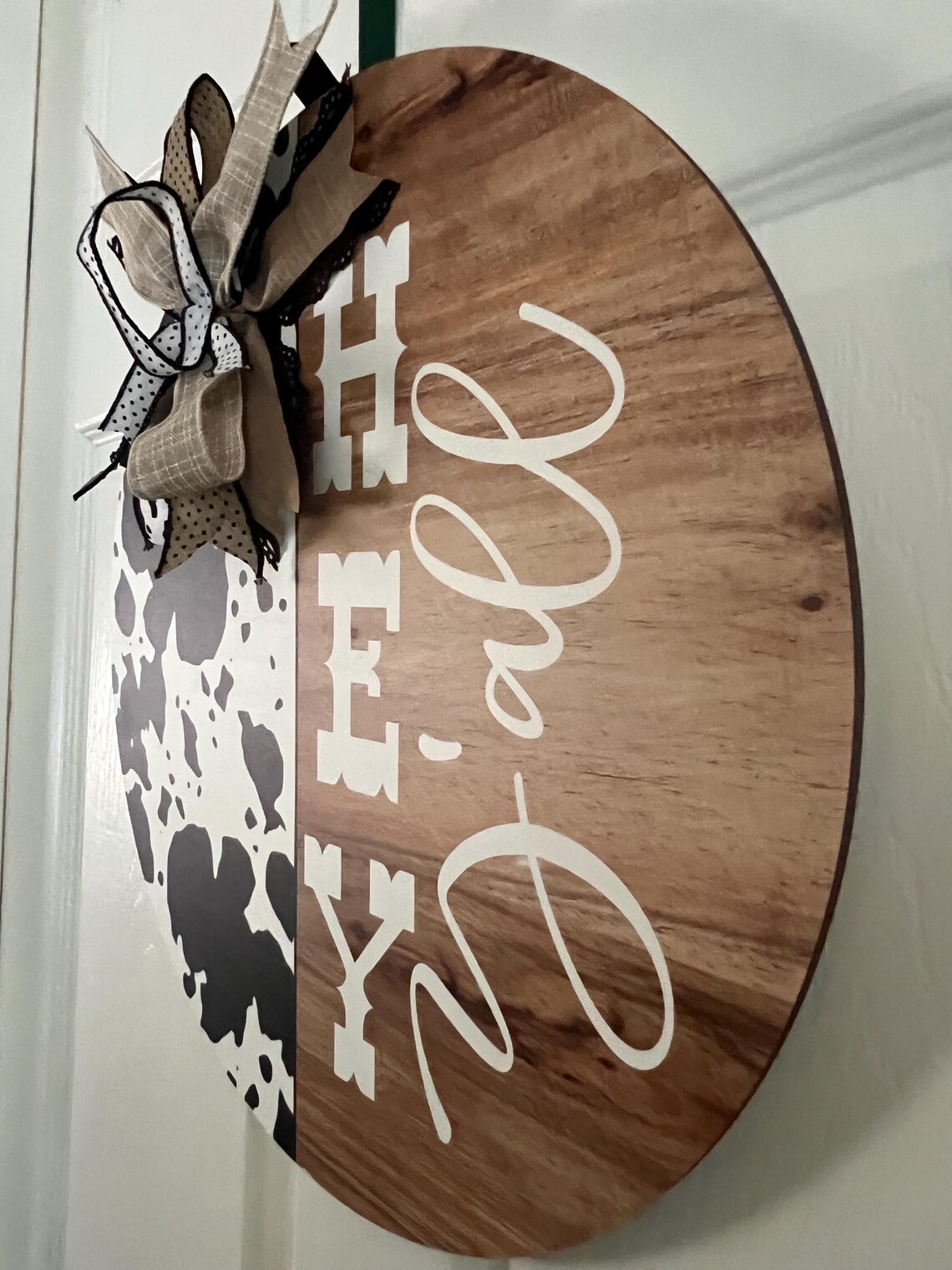 Rustic Cow Print Welcome Wreath - Farmhouse Round Door Sign With "hey Y ...