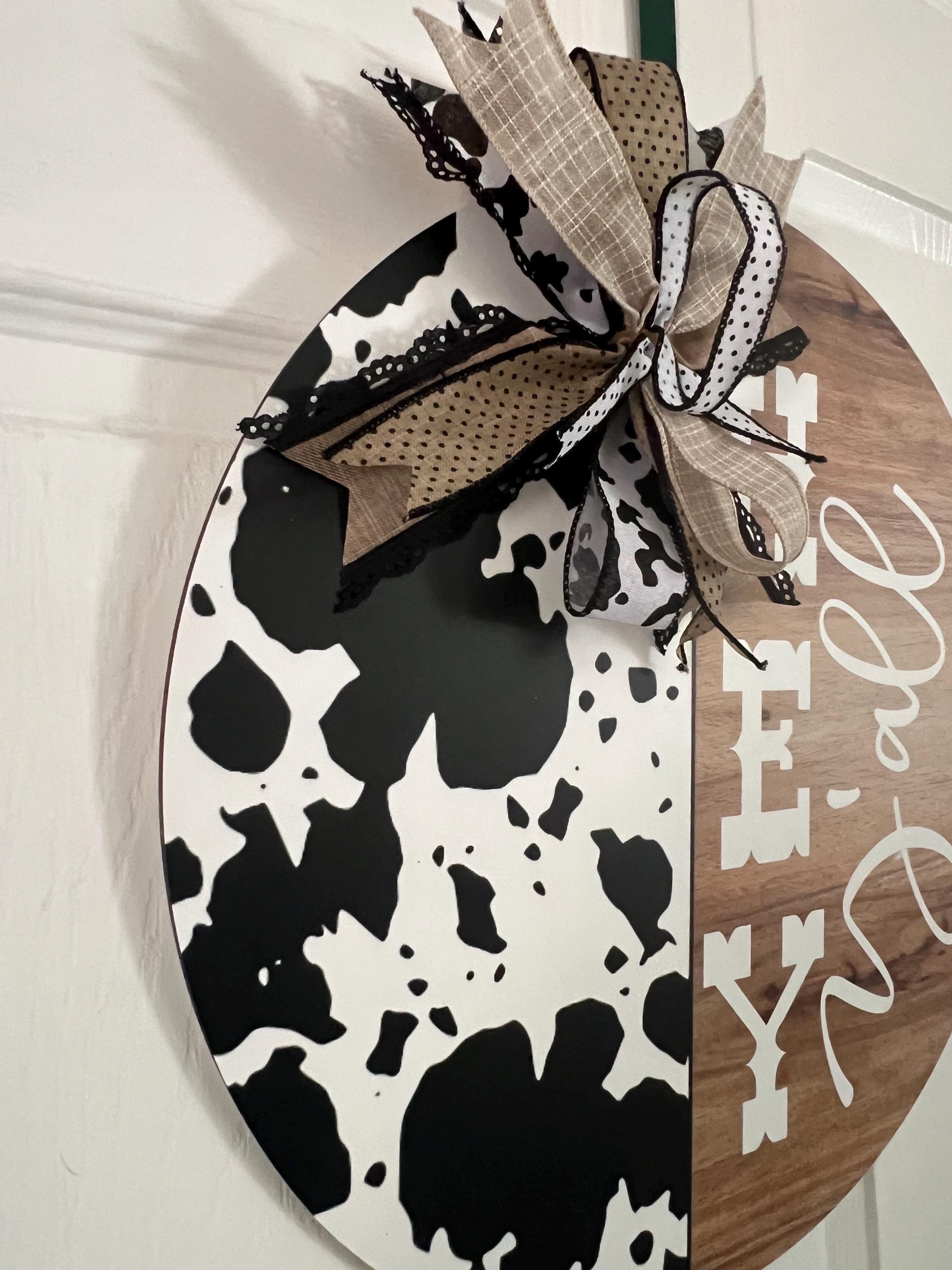 Rustic Cow Print Welcome Wreath - Farmhouse Round Door Sign With "hey Y ...
