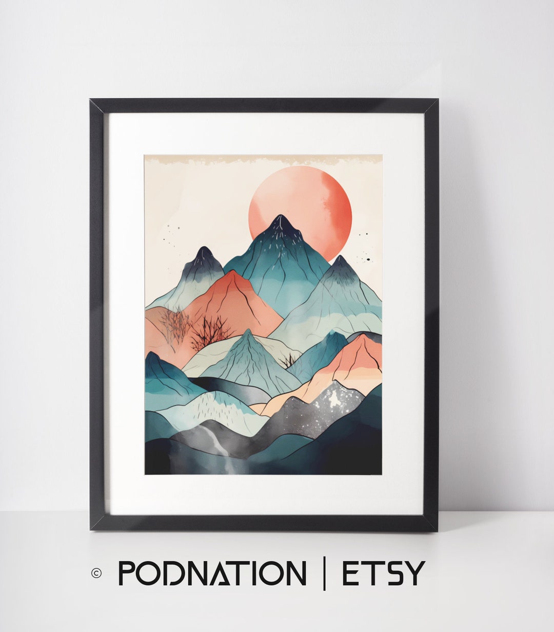Red Sun Mountain Poster Landscape Prints Snow Mountain Art - Etsy