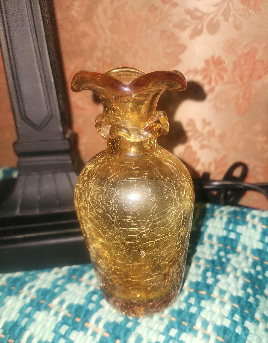 Vintage Amber Crackle Glass Vase Applied Ribbon Ruffle 6.5” - Etsy