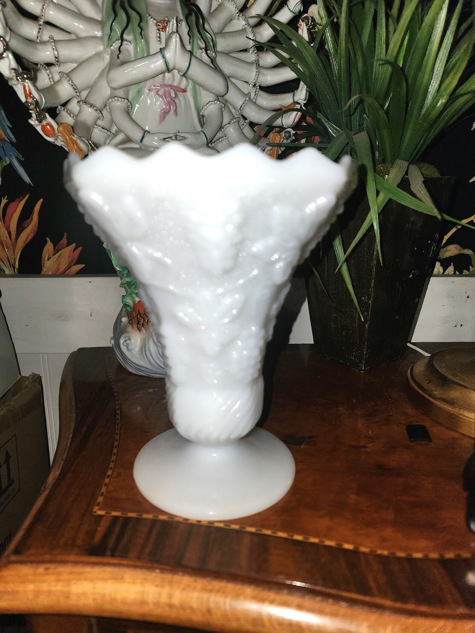 An Anchor Hocking, White Flared Milk Glass Embossed Vase With Grapes ...