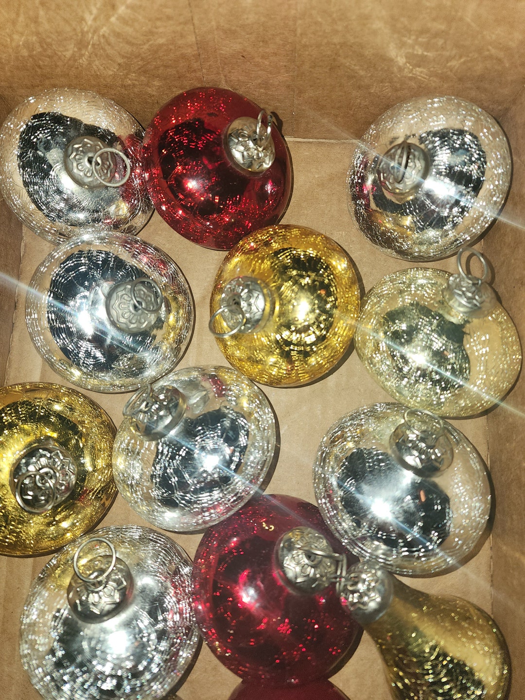 Set of 14 Gold Silver and Red Kugels Glass Antique Christmas Ornaments ...