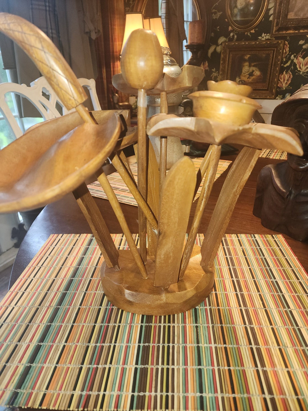 Mid Century Modern Monkey Pod Wood Lily Flower Arrangement Hand Carved ...