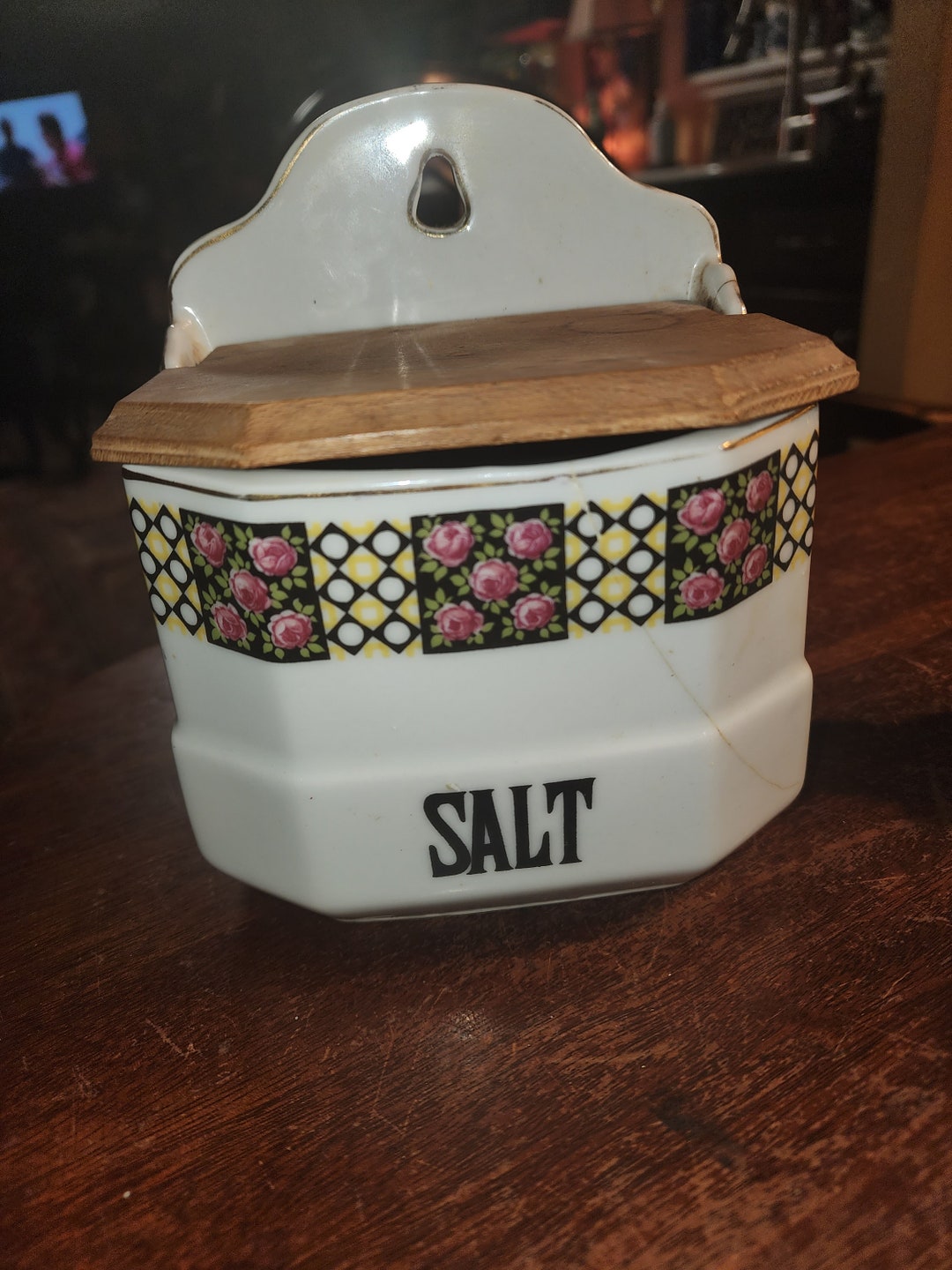 Vintage Porcelain Salt Box: Wall Mount Wood Lid, Floral Pattern - Etsy