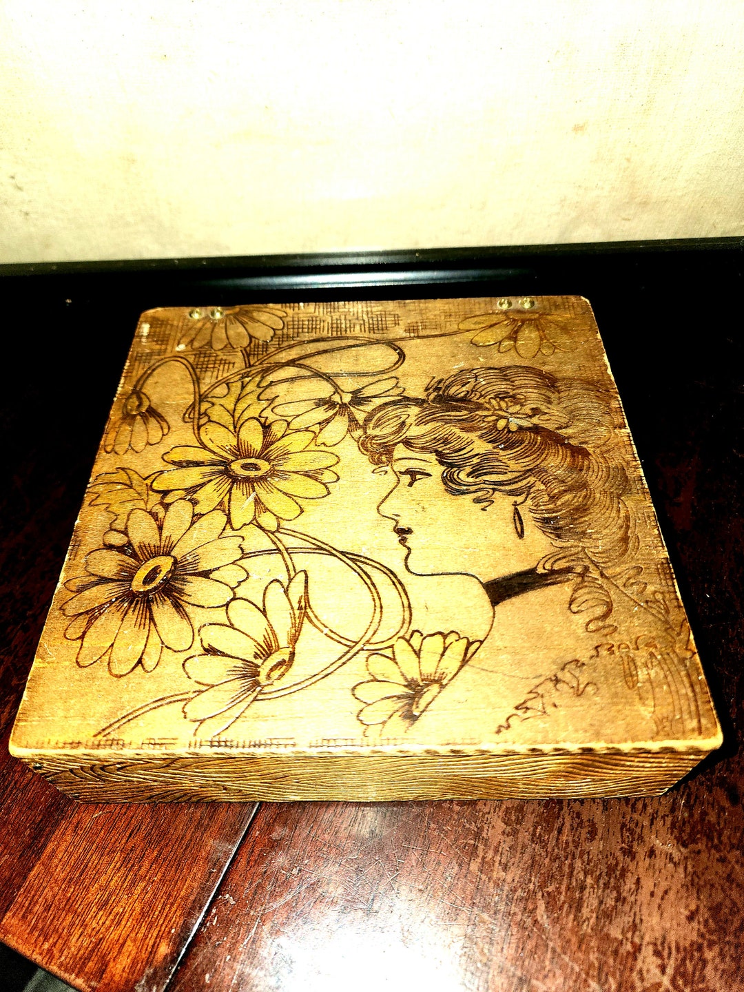 Vintage Pyrography Wood Handkerchief Box W Victorian Woman Design ...