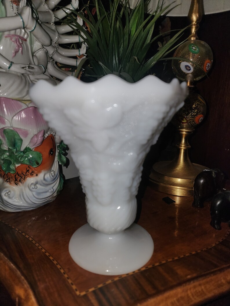 An Anchor Hocking, White Flared Milk Glass Embossed Vase With Grapes ...