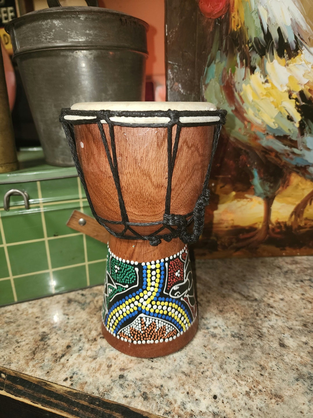 Vintage Native American Style Art Small Wood Wooden Hand Tabletop Drum ...