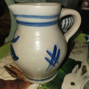 Vintage Handarbeit Germany Salt Glazed Cobalt Blue Pottery Pitcher 5 1/ ...