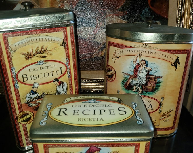 Set of 3 Italian Tin Luce Decielo Canisters. Pasta, Biscotti and Recipe ...