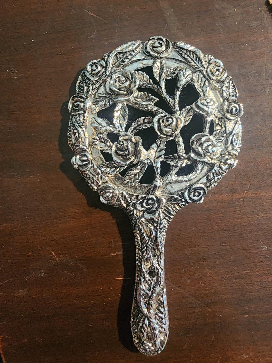 Vintage Pewter Hand Mirror Small Rose Design - Etsy