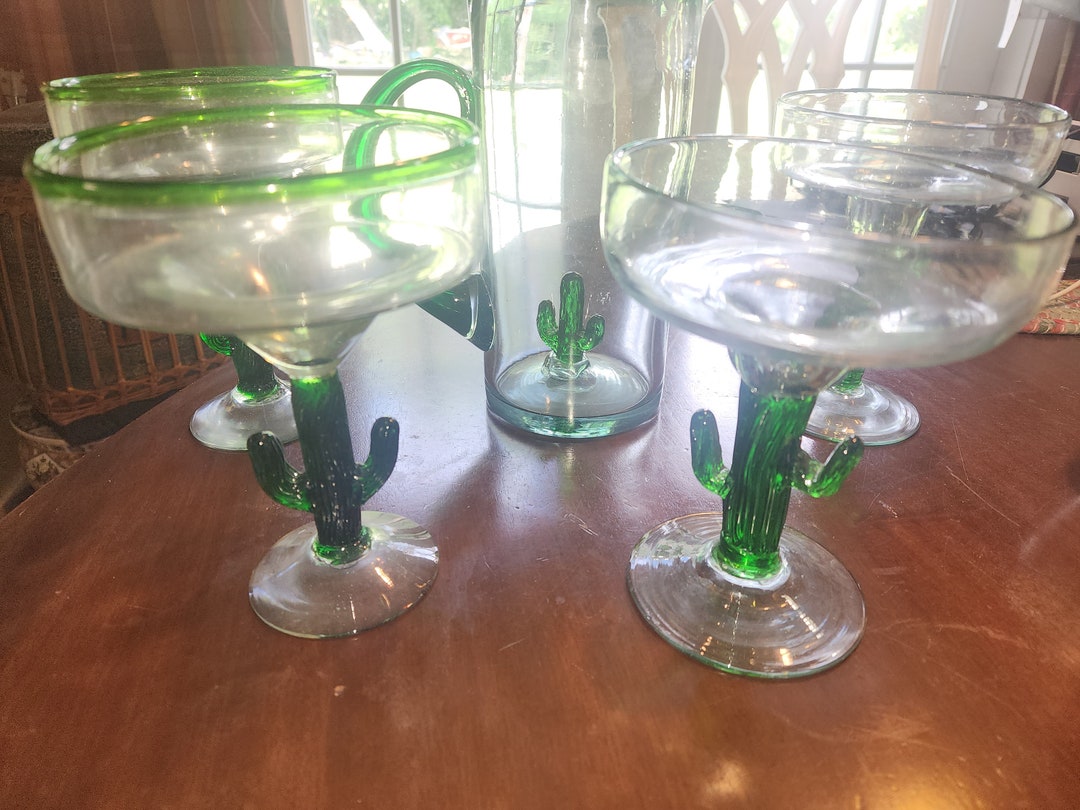 Set of 4 Mexican Green Cactus Margaritas Glasses and Pitcher Hand Blown ...