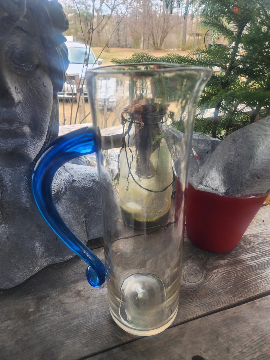 VINTAGE Clear Glass Pitcher Tall and Narrow Hand Blown With Applied ...