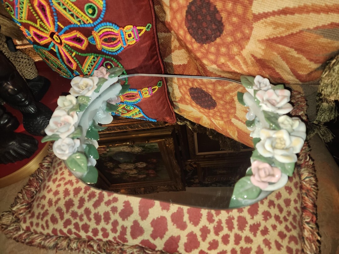 Vintage Capodimonte Porcelain Flower Mirrored Vanity Tray 14” X 8.5” - Etsy