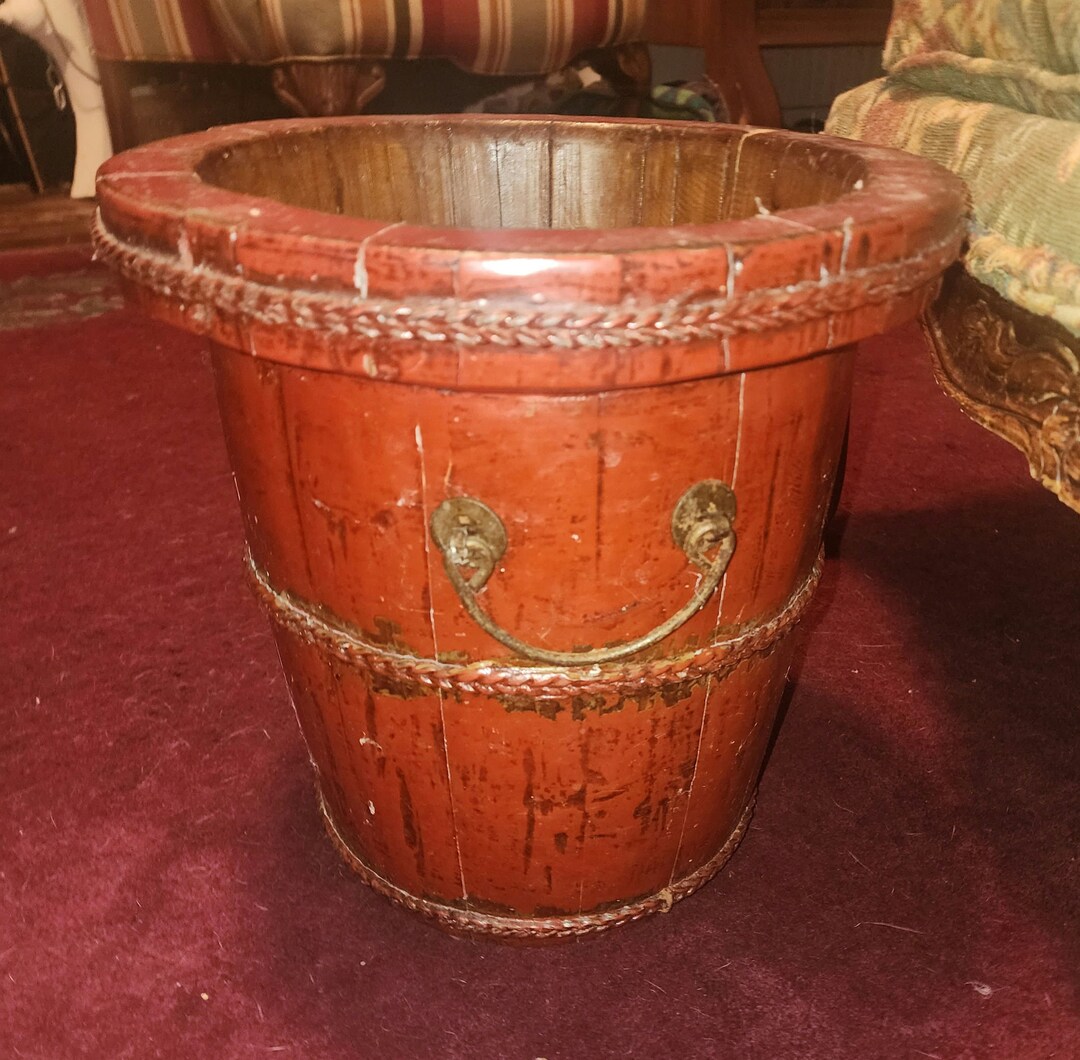 Antique Red Lacquer Chinese Bucket Very Heavy Solid Wood With 2 Handles ...