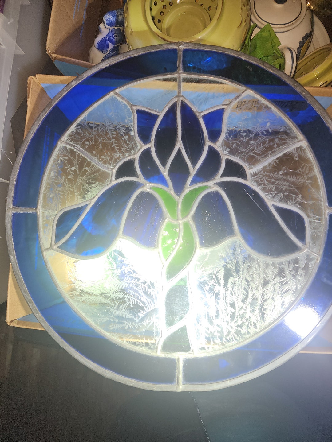 Large Round Stained Glass Beautiful Piece Flower Blues Greens Clear - Etsy