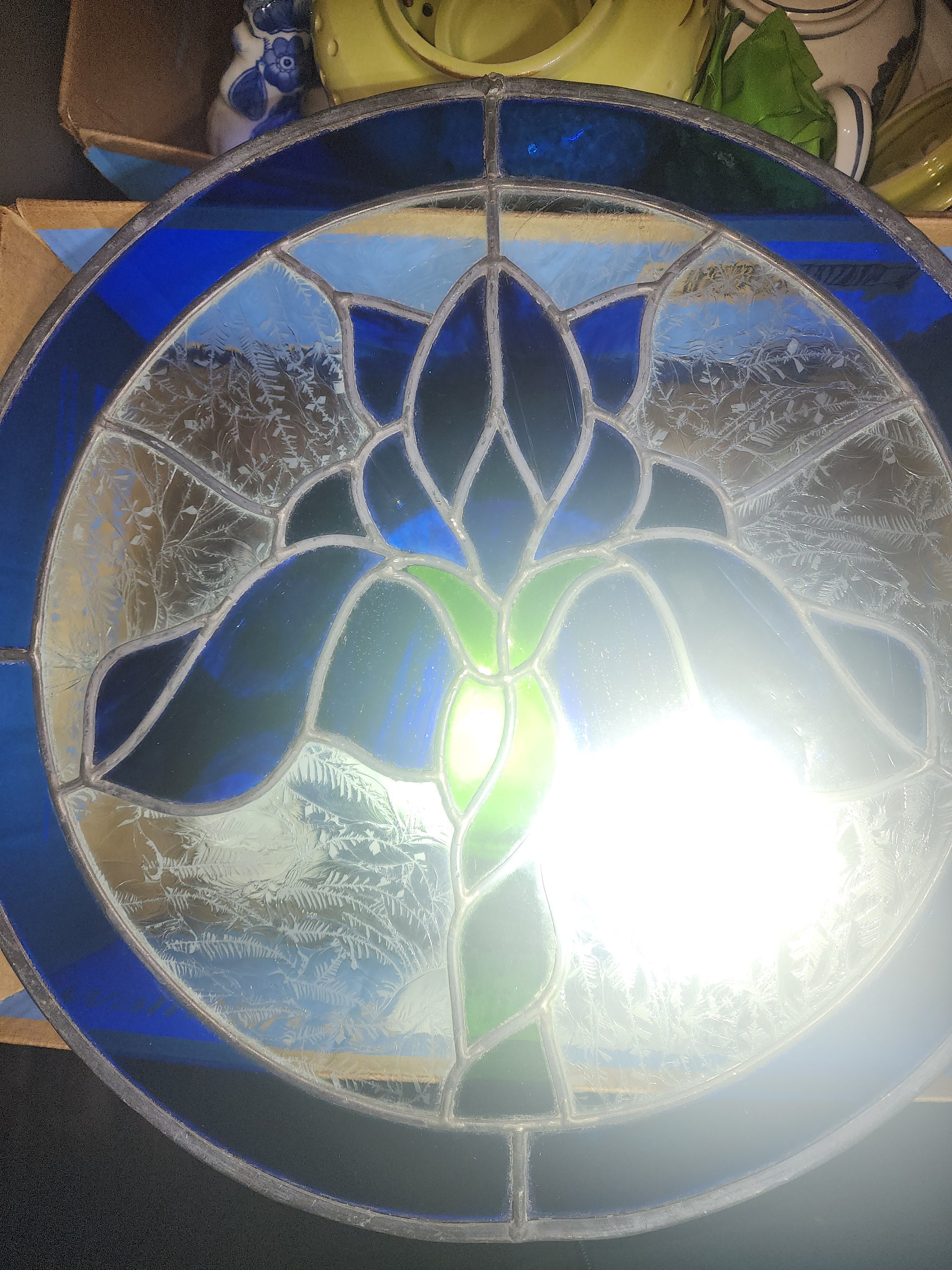Large Round Stained Glass Beautiful Piece Flower Blues Greens Clear - Etsy