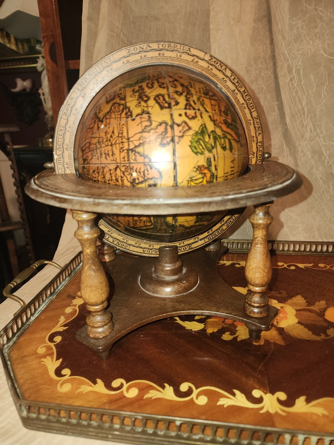Vintage Old World Globe Wood Desktop Zodiac Astrology Signs Made in ...