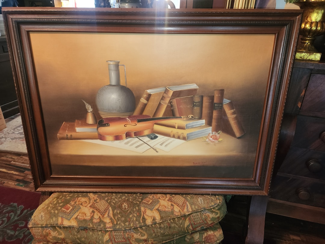 Vintage Frank Lean Signed Oil Painting: Violin Still Life, Framed ...