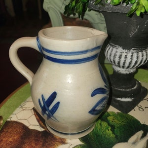 Vintage Handarbeit Germany Salt Glazed Cobalt Blue Pottery Pitcher 5 1/ ...