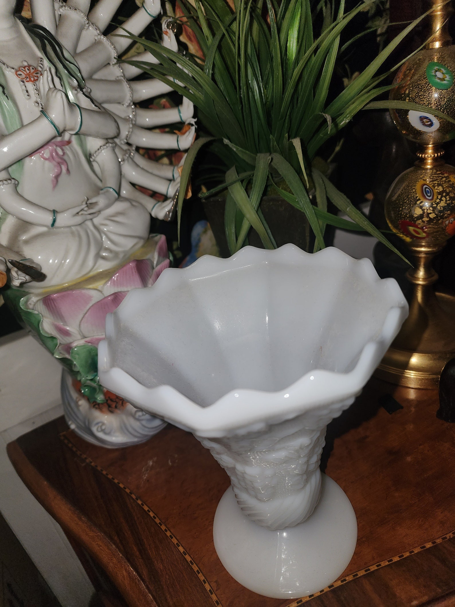 An Anchor Hocking, White Flared Milk Glass Embossed Vase With Grapes ...