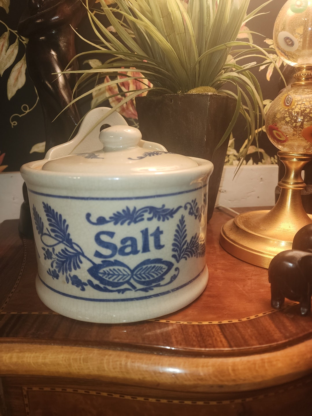 Large Antique Blue Onion Stoneware Salt Box Wall Mount Salt Bellar Salt ...