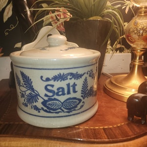 Large Antique Blue Onion Stoneware Salt Box Wall Mount Salt Bellar Salt ...