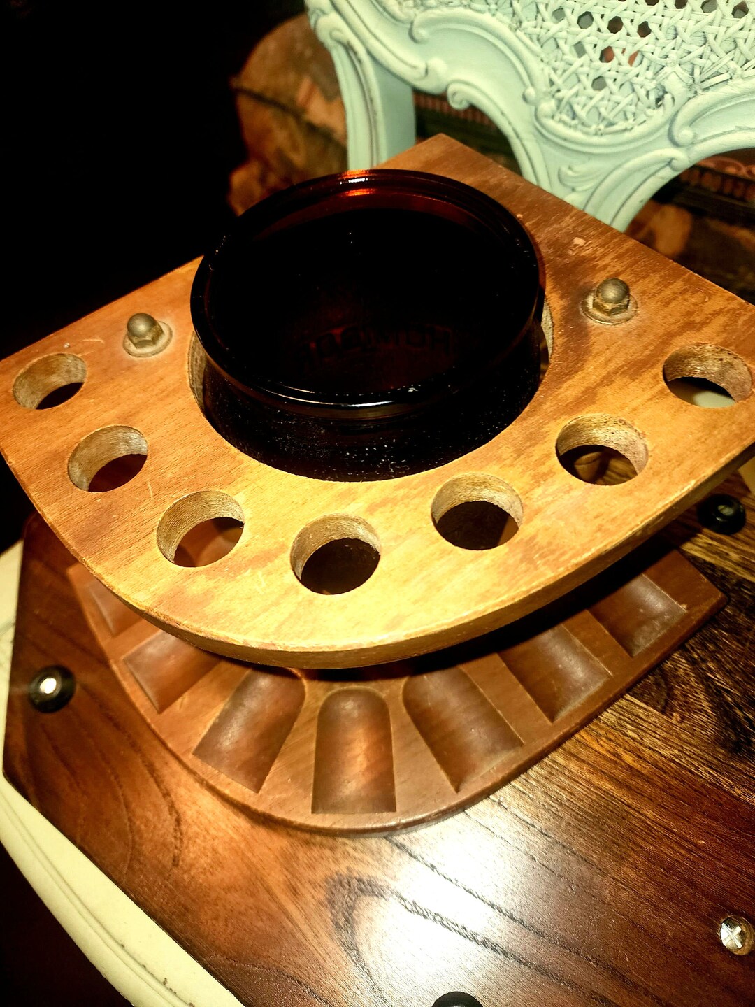 Unusual Mid-century Wood Corner Pipe Stand Withbrown Glass Humidor (no ...