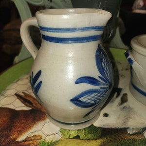 Vintage Handarbeit Germany Salt Glazed Cobalt Blue Pottery Pitcher 5 1/ ...